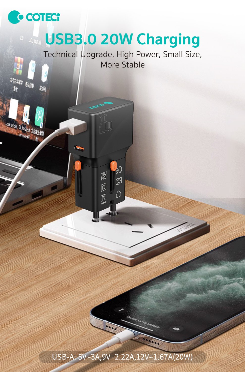 Coteci 2in1 Mini Travel Charger 25W Type C + Usb A Adapter - Victory Store