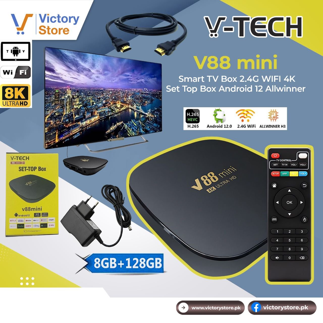 V-Tech V88 Mini Smart TV Box 2.4G WIFI 4K Set Top Box Android 12 ...